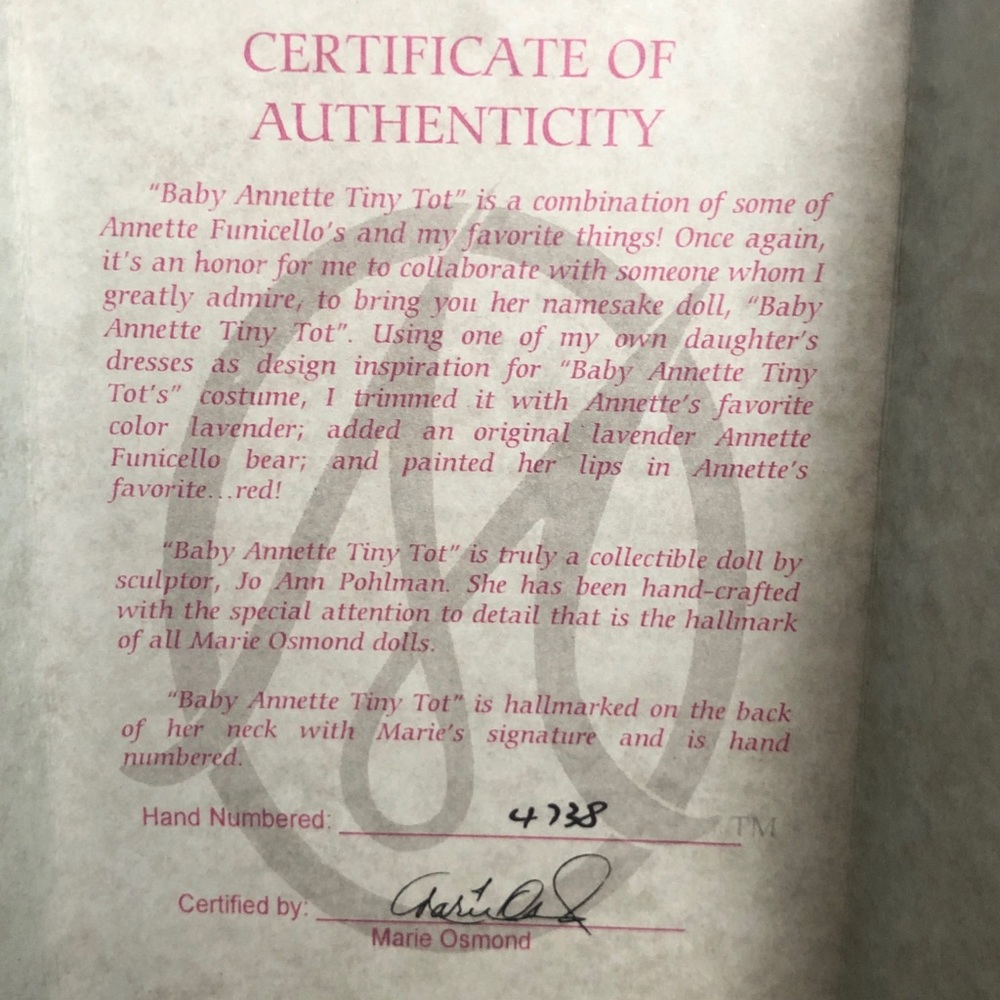 Marie Osmond Baby Annette Tiny Tot Doll Mib Coa - Gem